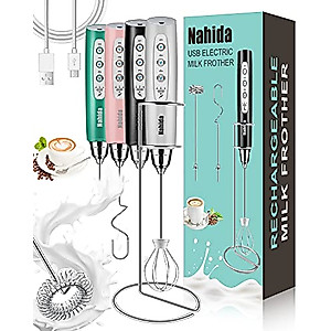 Nahida Handheld Milk Frother for Coffee with Stand， Rechargeable Drink Foam Mixer with 3 Heads 3 Speeds Electric Stirrers for Latte, Cappuccino, Hot Chocolate, Egg, Cord-Free