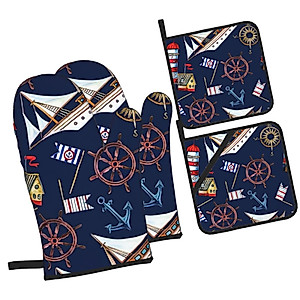 Nautical Sailboat Anchor Lighthouse Oven Mitts and Pot Holders Sets of 4,Non-Slip Heat Resistant Oven Gloves for Baking Cooking Grilling BBQ