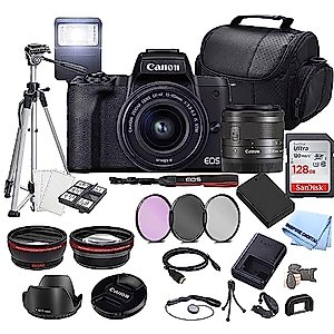 Canon EOS M50 Mark II Mirrorless Camera w/EF-M 15-45mm f/3.5-6.3 is STM Lens + 128GB Memory + Case + Filters + Tripod + More (35pc Bundle) (Renewed)