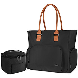 LUXJA Breast Pump Bag with Breastmilk Cooler Bag (Hold Four 5 Ounce Breastmilk Bottles), Leather Handle Breast Pump Tote for Working Mothers (With a Laptop Pocket), Black