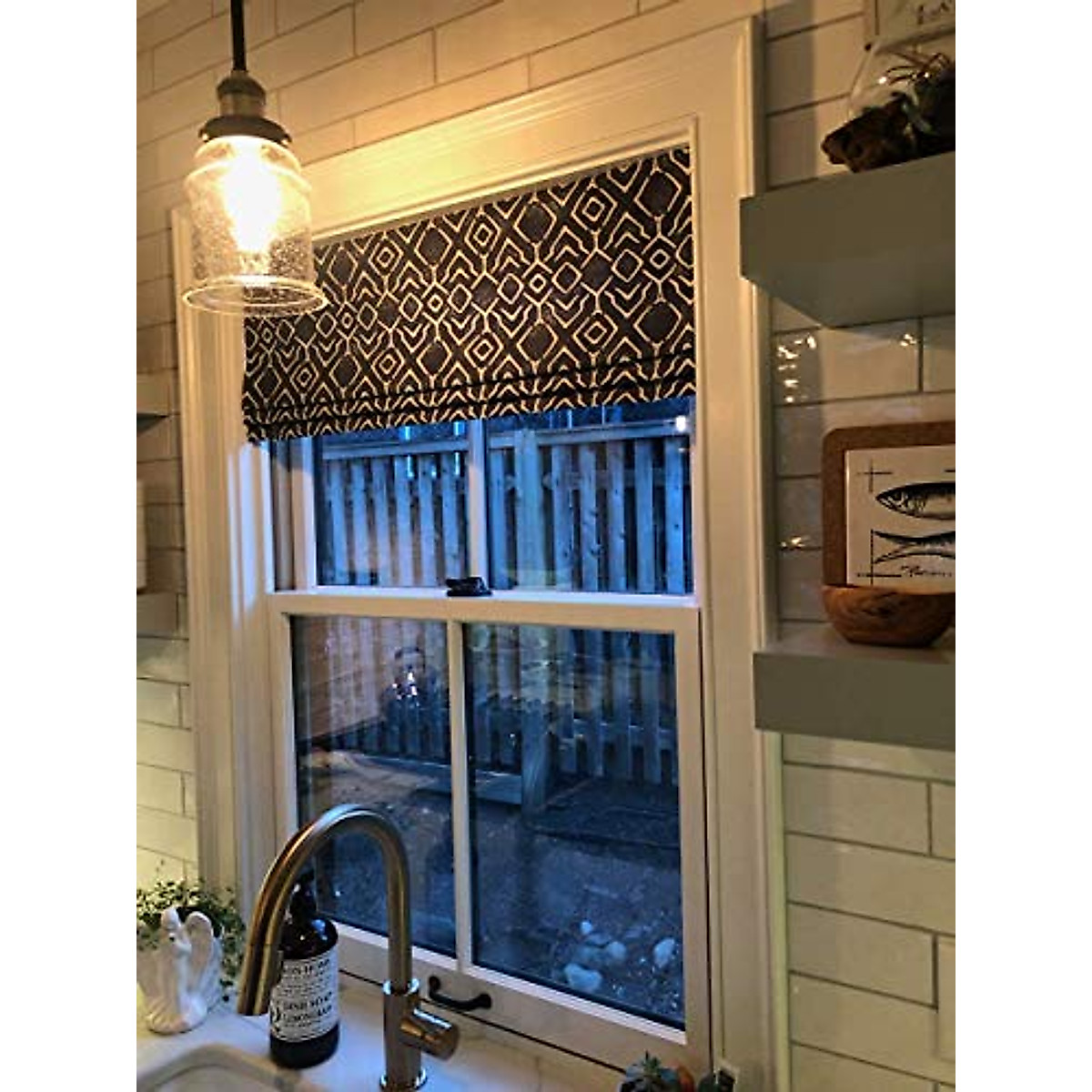 Faux Roman Valance Custom Made in Navy & Natural Trellis Print 100% Cotton Canvas Fabric. Fully Lined. Cordless. Ready to Hang