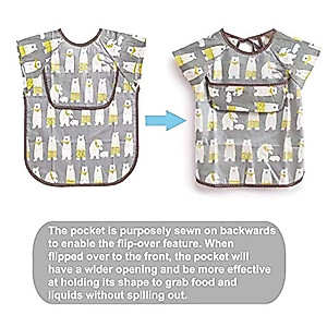 PandaEar Short Sleeve Bib 3-Pack Set| Waterproof Apron Smock Pocket and Crumb Catcher |