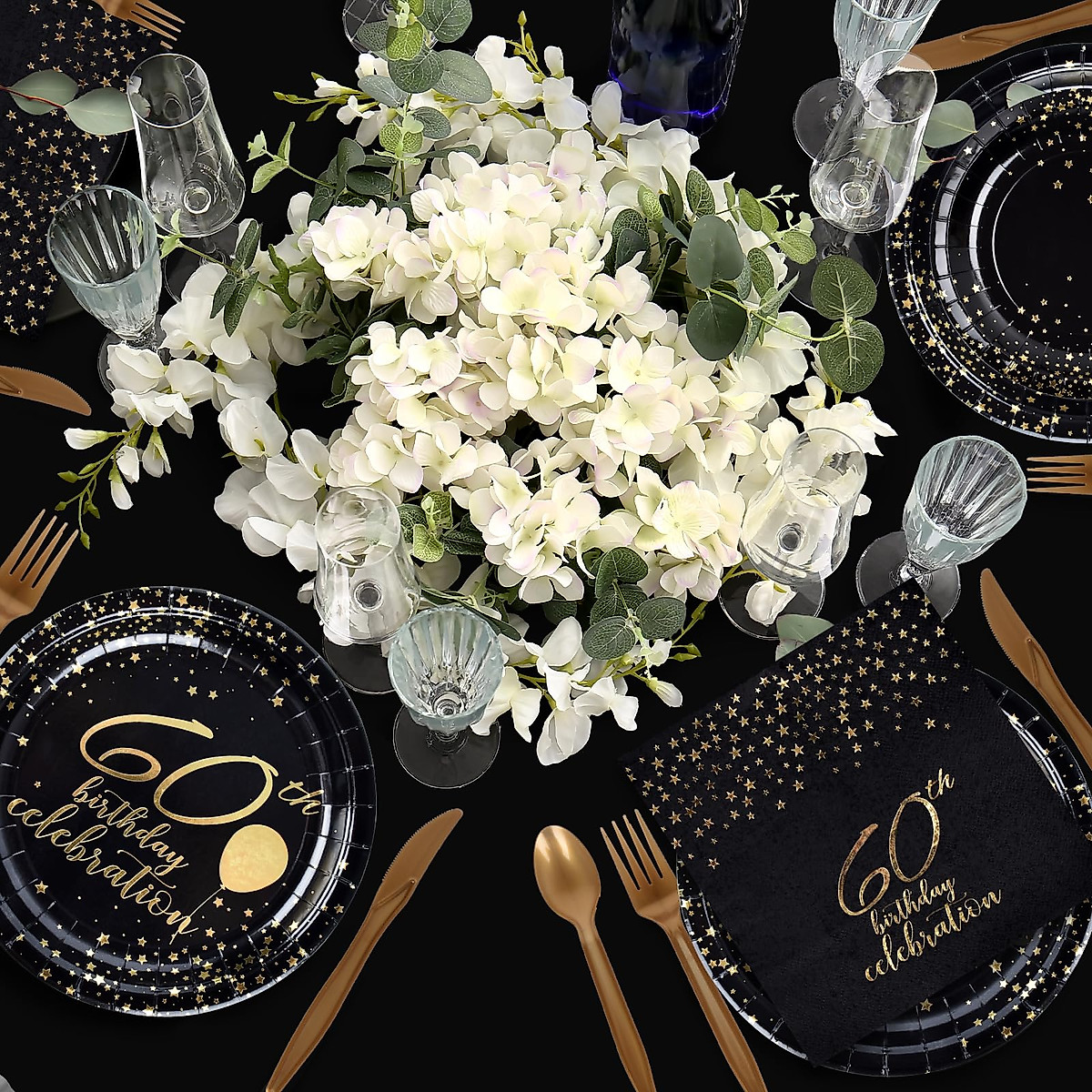 Gatherfun 60th Birthday Party Supplies Disposable Paper Plates Napkins Cups Knives Spoons Forks Tablecloth Banner Number 60 Balloons for Men Woman Black and Gold 60 Birthday Party Decorations Serve 25