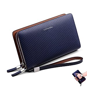 VANNANBA Clutch Purses Wristlet Wallets Large Leather Designer Double Zipper Long Hangbags Business Travel Clutch Phone Holder,Gift for Mens Father Son Husband Boyfriend(Blue)