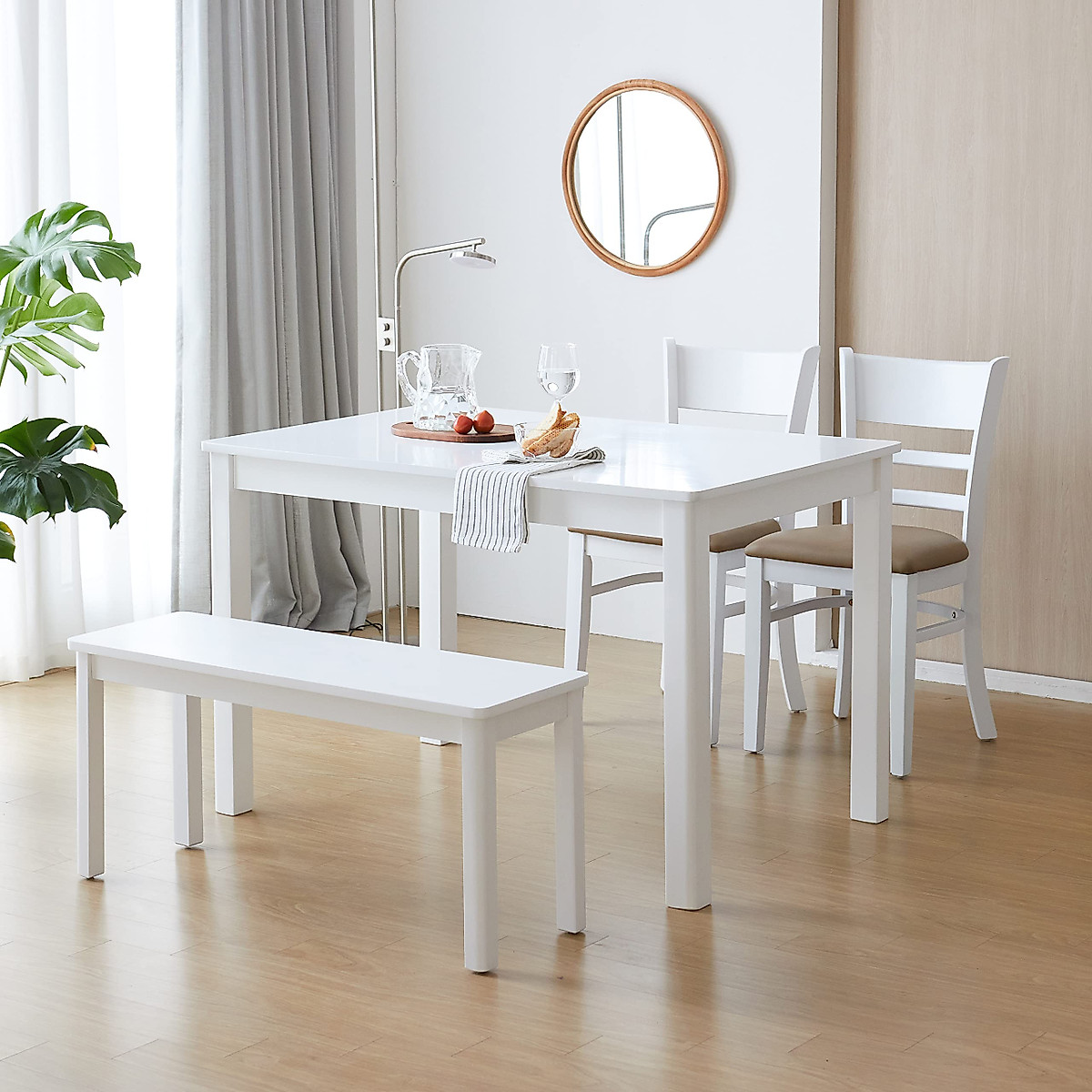 Livinia Cabin 37.4" Wooden Dining Bench/Small Modern Farmhouse Malaysian Oak Wood Bench (White)