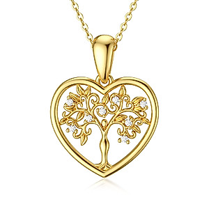 Ayafee 14K Solid Yellow Gold Tree of Life Necklace Dainty Pendant Necklace with Moissanite, Heart Necklace in 18 Inch for Women