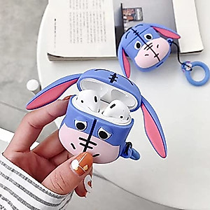 Ultra Thick Soft Silicone Case with Finger Strap for Apple Airpods 1 2 1st 2nd Blue Donkey Eeyore Winnie the Pooh Disney Disneyland Cartoon 3D Cute Lovely Hot Kids Girls Teens Daughter