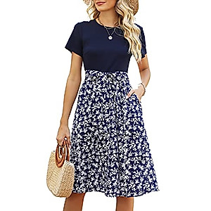 Berydress Knee Length Dress for Women Summer Casual Short Sleeve Modest A-Line Belt Party Work Dress with Pockets (S, 6188-Navy Floral)