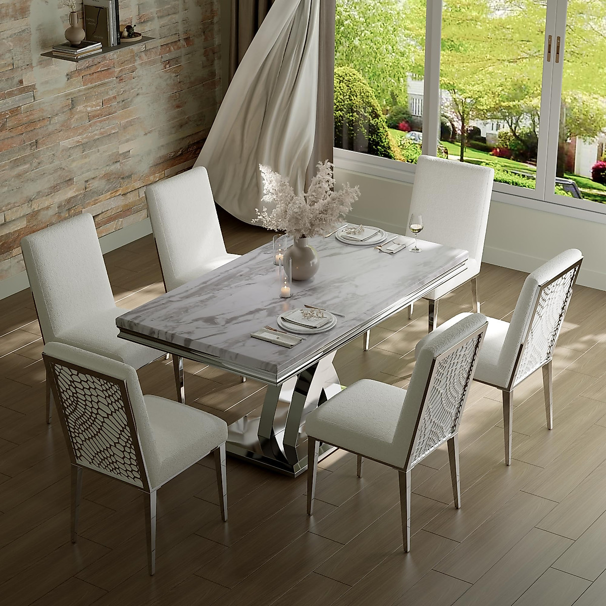 AUZ Dining Table, 65" Rectangular Modern Kitchen and Dining Room Table with Silver Double X Base in White Silver