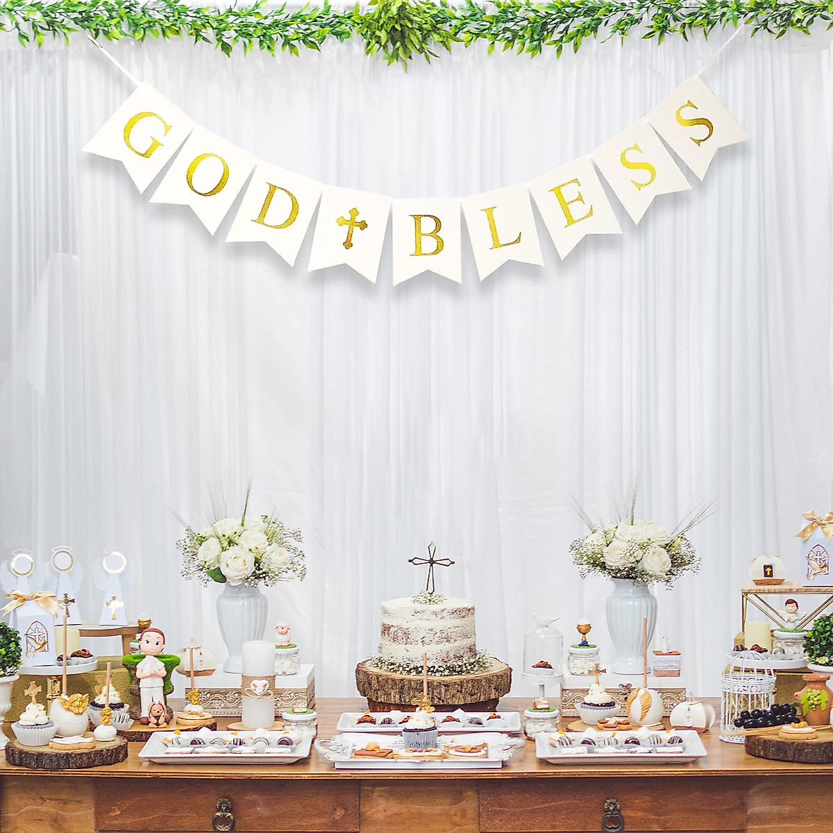 CHRORINE God Bless Banner Baptism First Holy Communion Confirmation Decorations for Boys Girls (White)