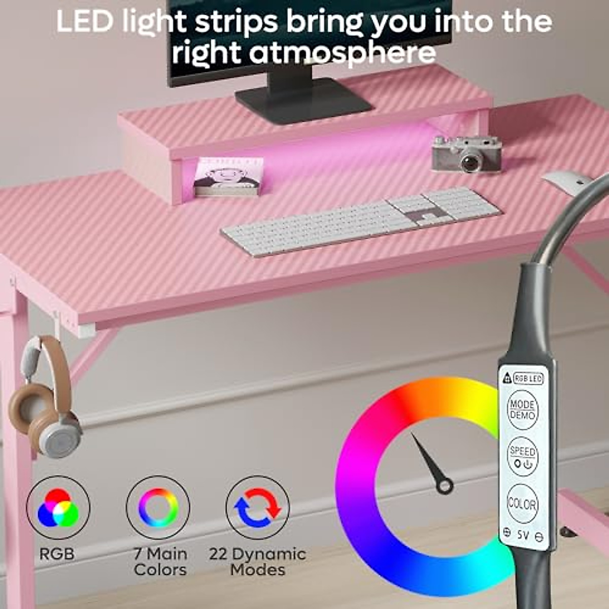 Bestier Small Gaming Desk with Monitor Stand, 42 inch LED Computer Desk, Gamer Workstation with Cup Holder & Headset Hooks, Modern Simple Style Desk for Home Office, Carbon Fiber Pink