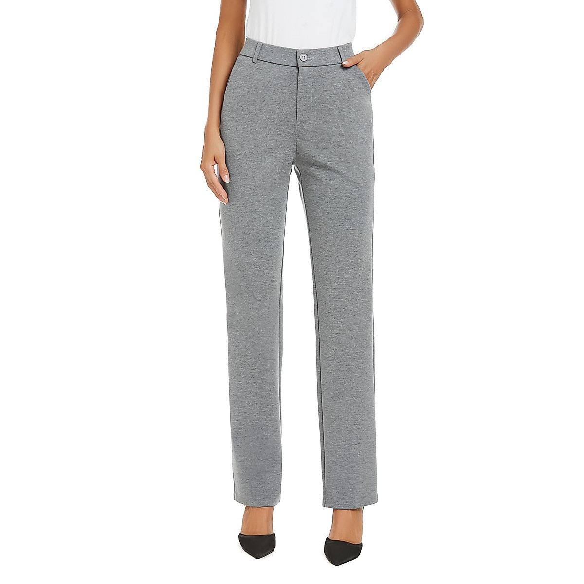 iChosy Women's Stretchy Straight Leg Dress Work Pants Business Office Casual Slacks with Pockets Grey29 16