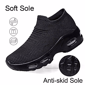 YHOON Women's Slip On Walking Shoes Breathable Lightweight Mesh Casual Running Jogging Sneakers Air Cushion All Black,11