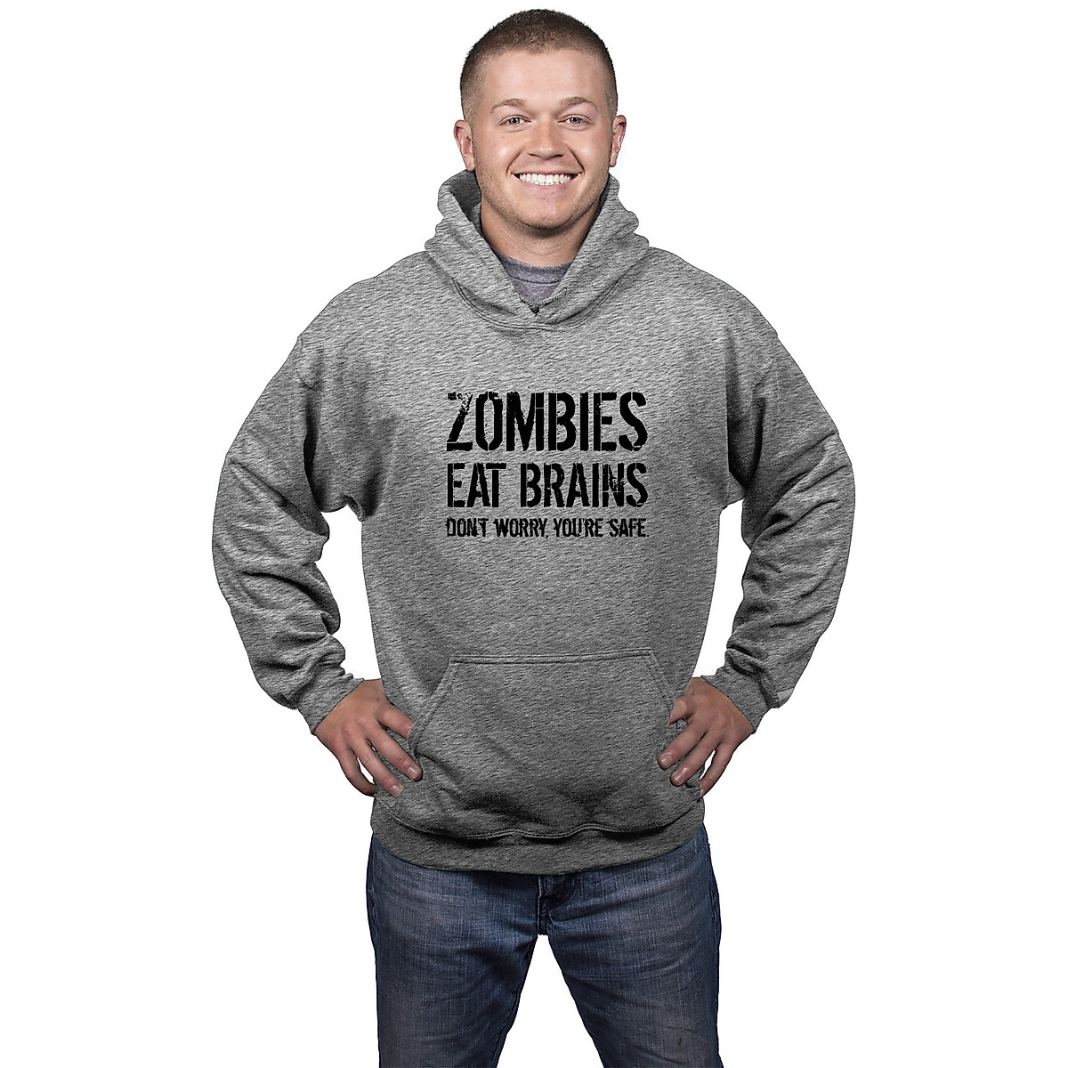 Crazy Dog Unisex Zombies Eat Brains Don't Worry You're Safe Novelty Hoodie Funny Halloween Sweat Shirt Undead Sarcastic Humor Sweater Light Heather Grey XXL