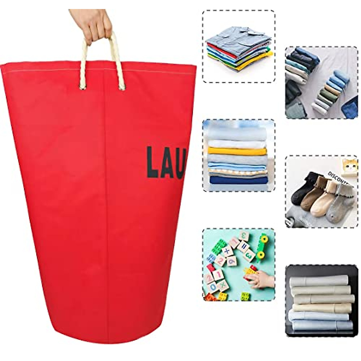 FENGLE 85L Large Laundry Basket (4 Colors),Waterproof Laundry Hamper, Laundry Bag with Padded Handles, Clothes Hamper Stands Up Well, Collapsible Laundry Basket Easy Storage (1 section, red)