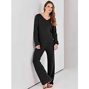 ANRABESS Women 2 Piece Outfits Sweater Lounge Sets Long Sleeve Cable Knit Pullover and Wide Leg Pants Tracksuit Matching Set Black Small