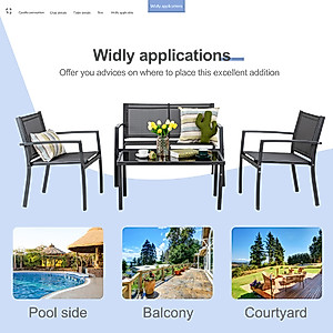 Meilocar 4 Pieces Patio Furniture, Textilene Metal Outdoor Furniture Set, Modern Conversation Set with Loveseat Tea Table, Small Outdoor Patio Chat Set for Backyard, Porch, Lawn and Balcony (Gray)