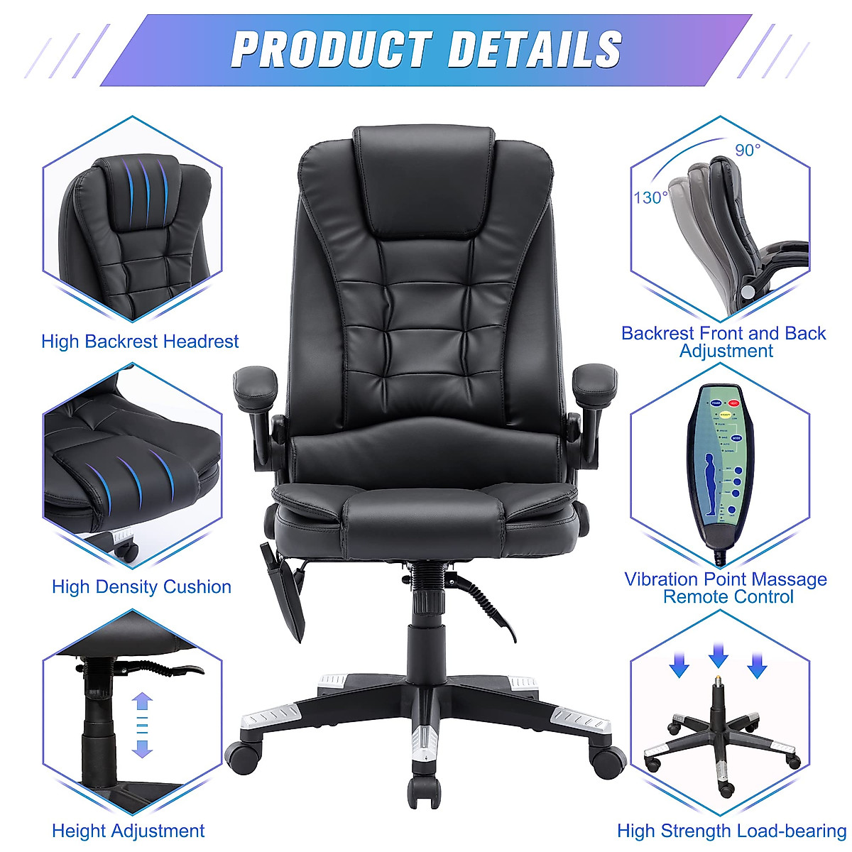 hzlagm Ergonomic Executive Office Chair,Heated Massage Office Chair with 6-Point Vibration, Home Office Chair with Flip-up Armrests and Back Support,Computer Desk Chairs with Wheels for 300lbs