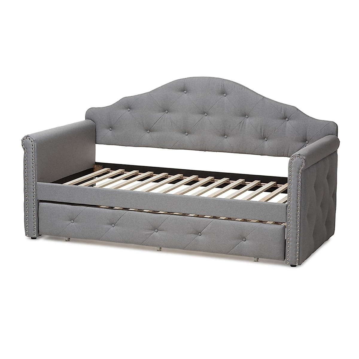 Baxton Studio Emilie Modern and Contemporary Grey Fabric Upholstered Daybed with Trundle Grey/Twin//Contemporary/Fabric Polyester 100%"/Rubber Wood/MDF/Foam