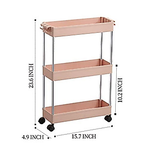 DILUOOU 3 Tier Slim Storage Cart, Mobile Shelving Unit Organizer Slide Out Rolling Storage Racks with Wheels, for Kitchen Bathroom Laundry Room Narrow Places，Pink