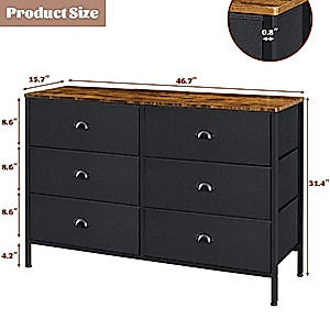 PRAISUN Larger 46.7''W 6 Drawer Dresser for Bedroom, Wide Fabric Dresser, Chest Dresser Organizer, Metal Handles, for Closet, Nursery, Living Room, Hallway - Black
