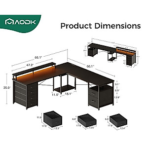 AODK 66" L Shaped Computer Desk, 113“ Reversible Home Office Desk with File Cabinet & 4 Fabric Drawers, Two Person Desk with LED Lights & Power Outlet, Corner Gaming Desk with Monitor Shelf, Black