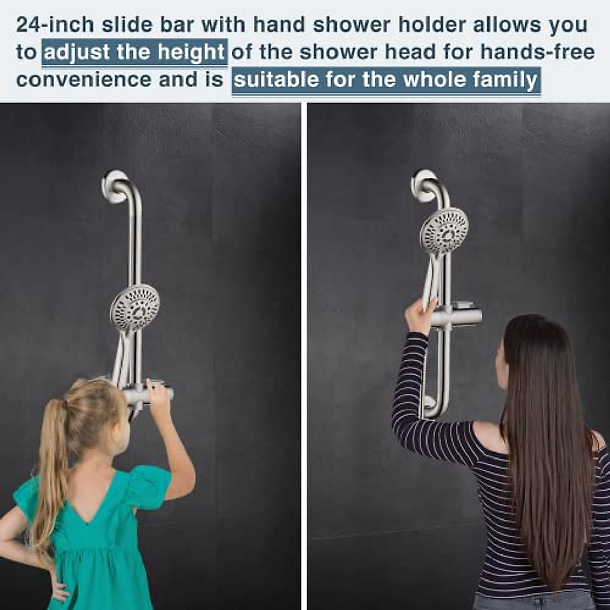 BRIGHT SHOWERS Stainless Steel Slide Bar Grab Rail Set Ada Compliant Includes Handheld Shower Head and 69-Inch Hose (Brushed Nickel)