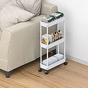 Sooyee 3 Tier Rolling Cart with Wheels,Slim Storage Cart,Narrow Storage Cabinet,Under Desk Storage,Rolling Utility Cart Storage Organizer for Office Bathroom Kitchen Laundry Room Narrow Places, White