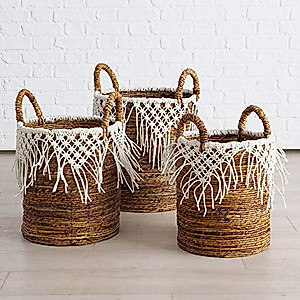 Boho Romantic Lace Baskets, Set of 3, Knotted Fringe Cotton Macrame Details, Relaxed Coastal Style, Woven Chunky Banana Leaf, Thick Handles, 21.75, 19.75, and 1
