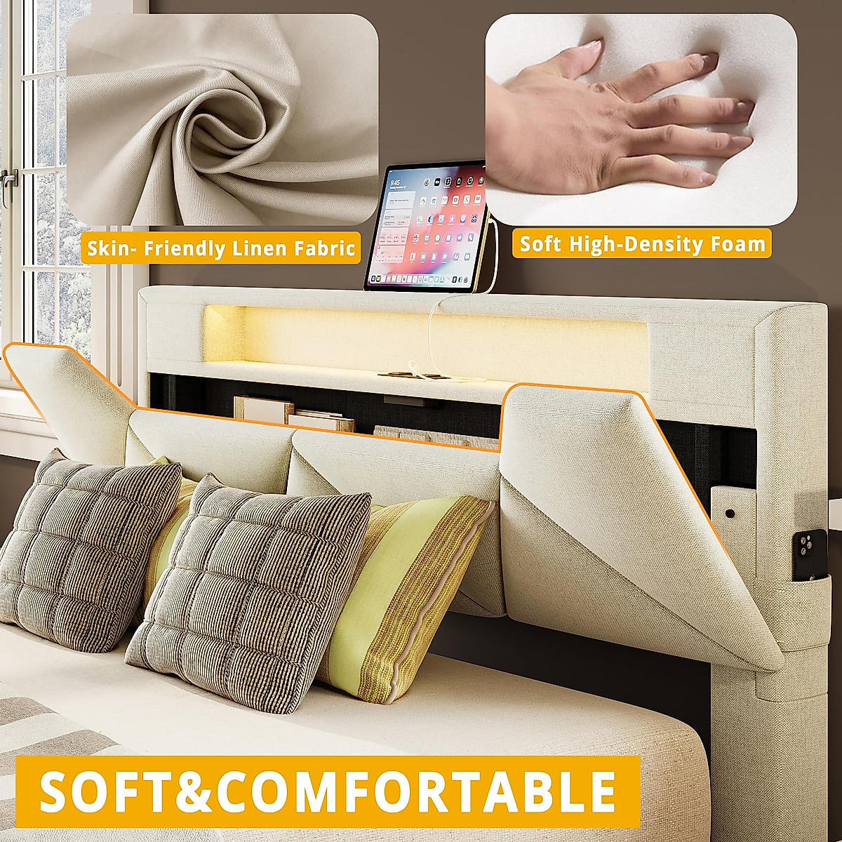 ANCTOR Twin Bed Frame with Storage Headboard and Charging Station, LED Lights Upholstered Platform Bed, Heavy Duty Steel Support Legs, Easy Assembly, Noise Free, Beige