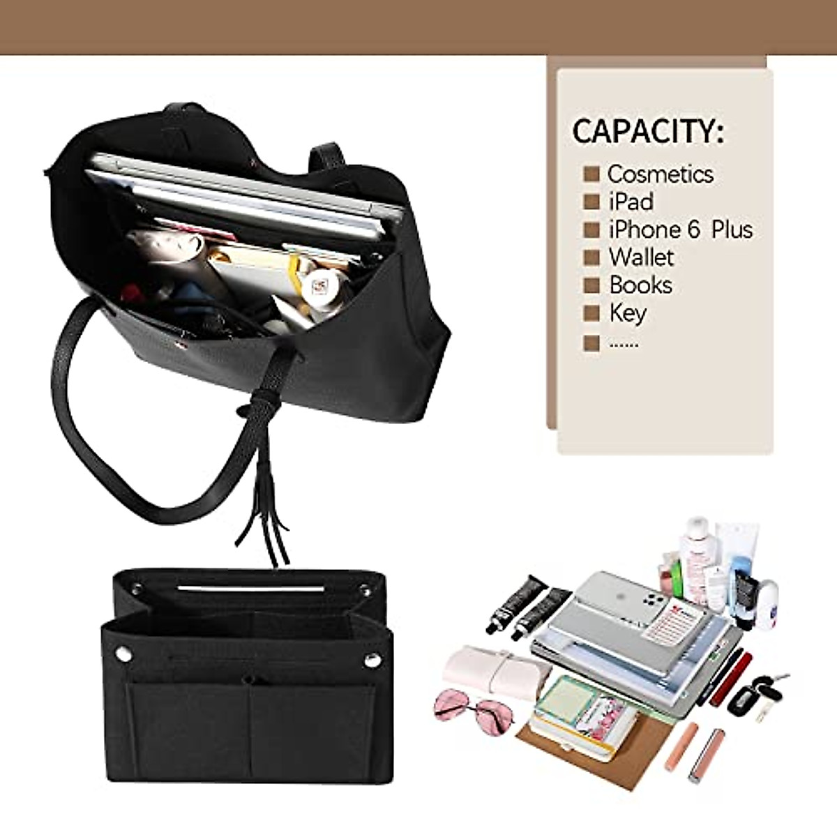 Black Work Tote Handbags for Women Tote Purse with Purse Organizer PU Leather Tote Bag Large Women's Tote Bags and Bag Organizer Insert with Zipper Pouch Lining, Layered Storage for Easy Organization