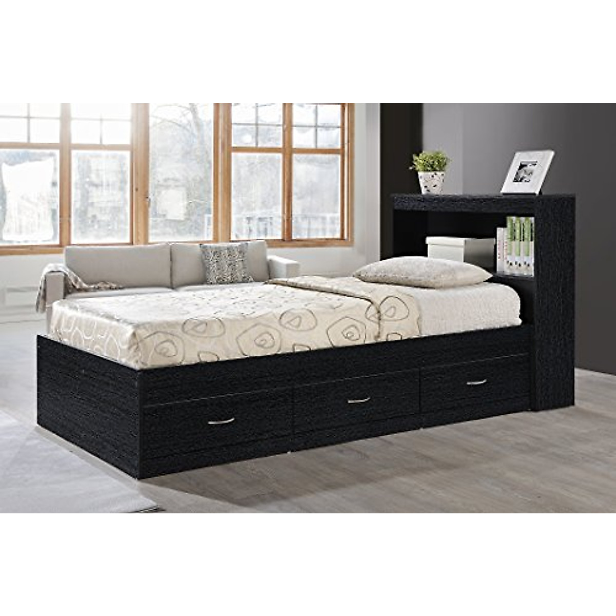 Hodedah Twin-Size Captain Bed with 3-Drawers and Headboard in Black, 85.6"L x 42.3"W x 39.2"H