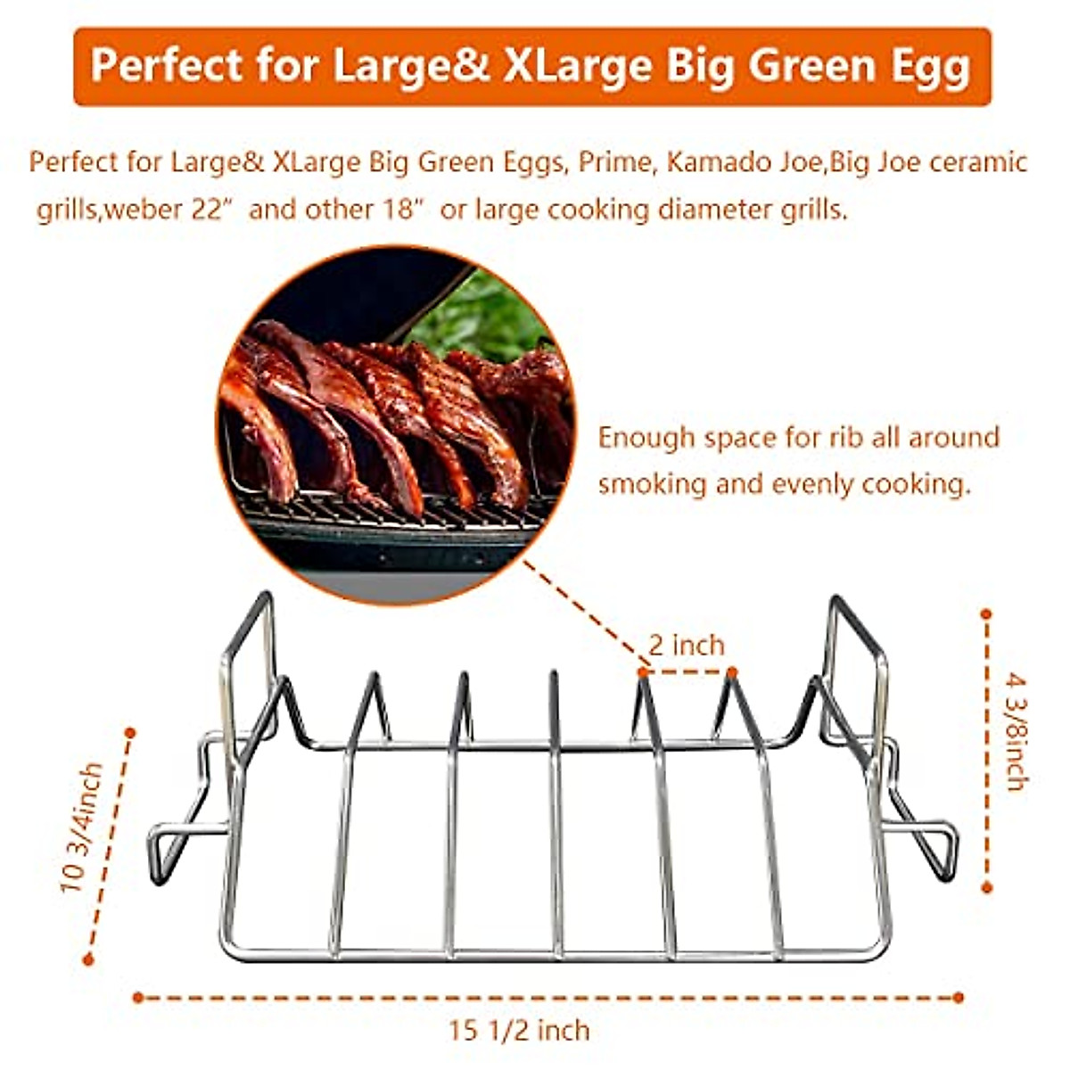 Rib Racks for Big Green egg, Smoking and Grilling Rib Rack, Big Green Egg Accessories, Turkey Roast Rack Dual-Purpose for Large and XLarge Big Green Egg,18" or bigger Kamado grill,100% Stainless Steel