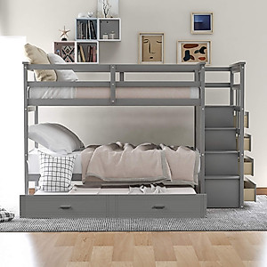 Twin Over Twin Bunk Bed with Twin Size Trundle, Solid Wood Bunk Beds with 4 Storage Drawers, Staircase and Safety Guard Rail, No Box Spring Needed (Gray)