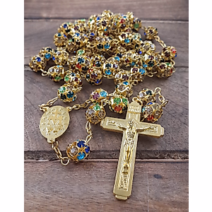 Nazareth Store Gold Plated Rosary Necklace with Colorful Crystallized Beads Miraculous Medal Cross Crucifix