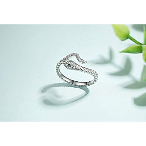 Presentski Adjustable Snake Ring for Women Sterling Silver Vintage Retro Snake Open Ring with Cubic Zirconia Silver Serpent Ring