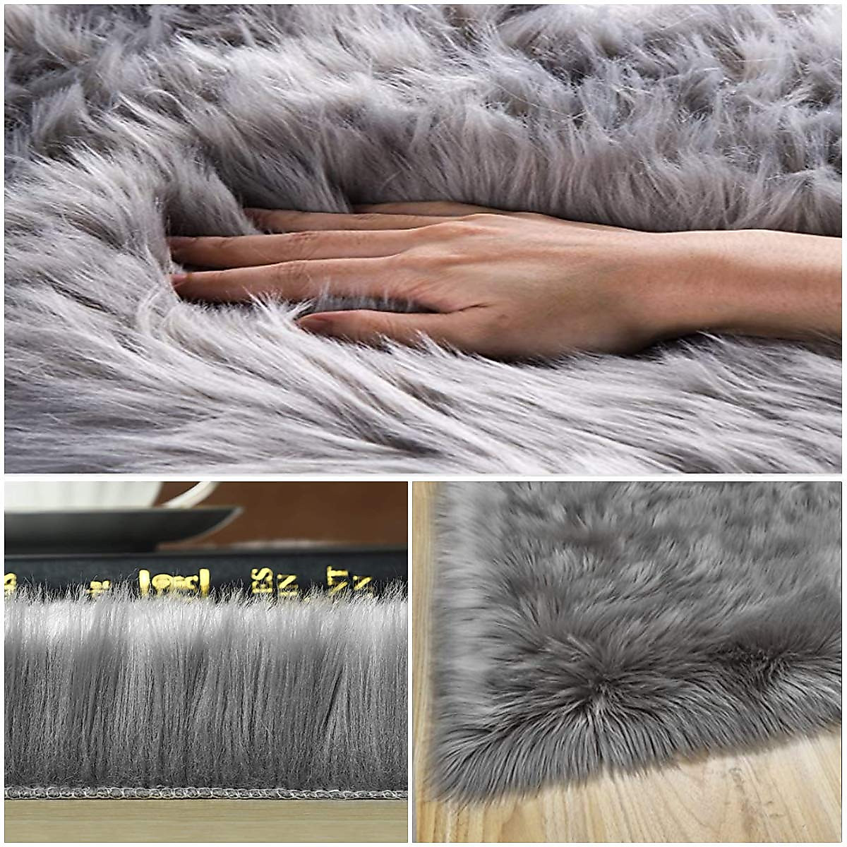 Faux Fur Chair Pad Soft Fluffy Seat Cushion Square Sheepskin Chair Cover Chair Seat Pad for Desk Office Chair (16"x16",Grey)