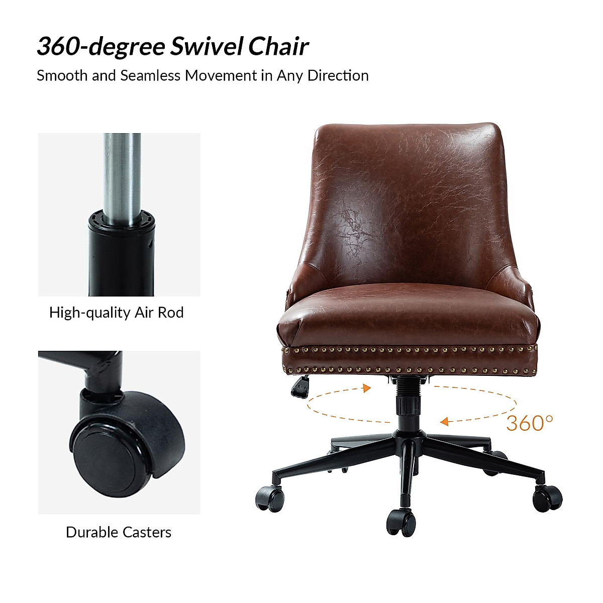 Faux Leather Home Office Chair with Black Metal Base and Nailhead, Modern Comfy Ergonomic Desk Chair with Adjustable Height/Tilt, 360-Degree Swivel, Armless Cute Decoration Vanity Chair, Brown