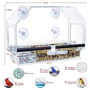 EHONBFLC Window Bird Feeders with Strong Suction Cups, Drain Holes, Clear Bird Feeder for Outside,Balcony Glass Mount, Acrylic Bird Feeders, Large Bird House with 3 Compartment Removable Tray