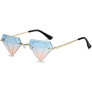 Rimless Diamond-shaped Sunglasses Female Tinted Triangle Eyewear Vintage Bling Transparent Glasses for Women Men (blue&pink)