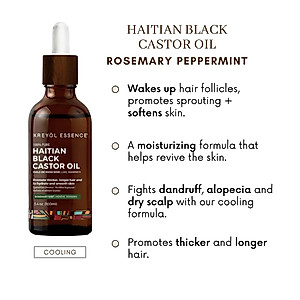 Kreyol Essence - Rosemary Peppermint Haitian Black Castor Oil for Skin and Hair, 2 Oz Glass Bottle - Rosemary Oil, Organic, hexane Free, Natural Humectant, Hair Growth.