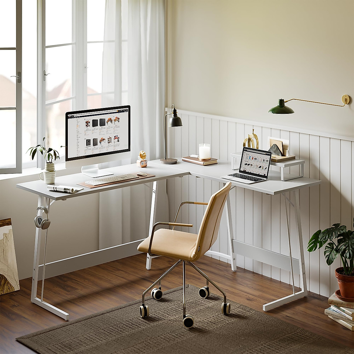 CubiCubi L Shaped Gaming Desk Computer Office Desk, 59 inch Corner Desk with Large Monitor Stand for Home Office Study Writing Workstation, White