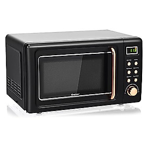 COSTWAY Retro Countertop Microwave Oven, 0.7Cu.ft, 700-Watt, High Energy Efficiency, 5 Micro Power, Delayed Start Function, with Glass Turntable & Viewing Window, LED Display, Child Lock (Gold)