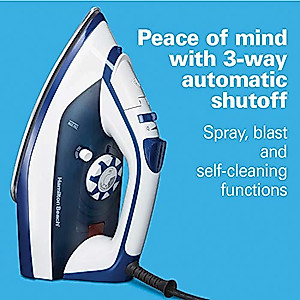 Hamilton Beach Iron & Steamer for Clothes with Smooth Press Stainless Steel Soleplate, 3-Way Auto Shutoff, 1500 Watts for High-Velocity Steam, 10’ Cord, Leak-Proof Anti-Drip, White (14650)
