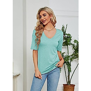 Sherosa Womens Summer Tops Short Sleeve V Neck Tee Shirts Trendy Cute Shirts Light Green L