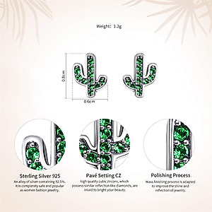 BISAER Cactus 925 Sterling Silver Stud Earrings with Green Cubic Zirconia, Green Plants Post Stud Earring Hypoallergenic Jewelry for Women