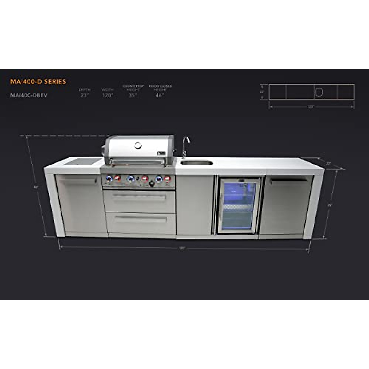 Mont Alpi MAi400-DBEV 32-Inch 4-Burner 78000 BTU Deluxe Stainless Steel Gas Outdoor Kitchen Barbecue Gas Island Grill w/ Compact Lockable Refrigerator + Infrared Side & Rear Burners + Granite Countertops