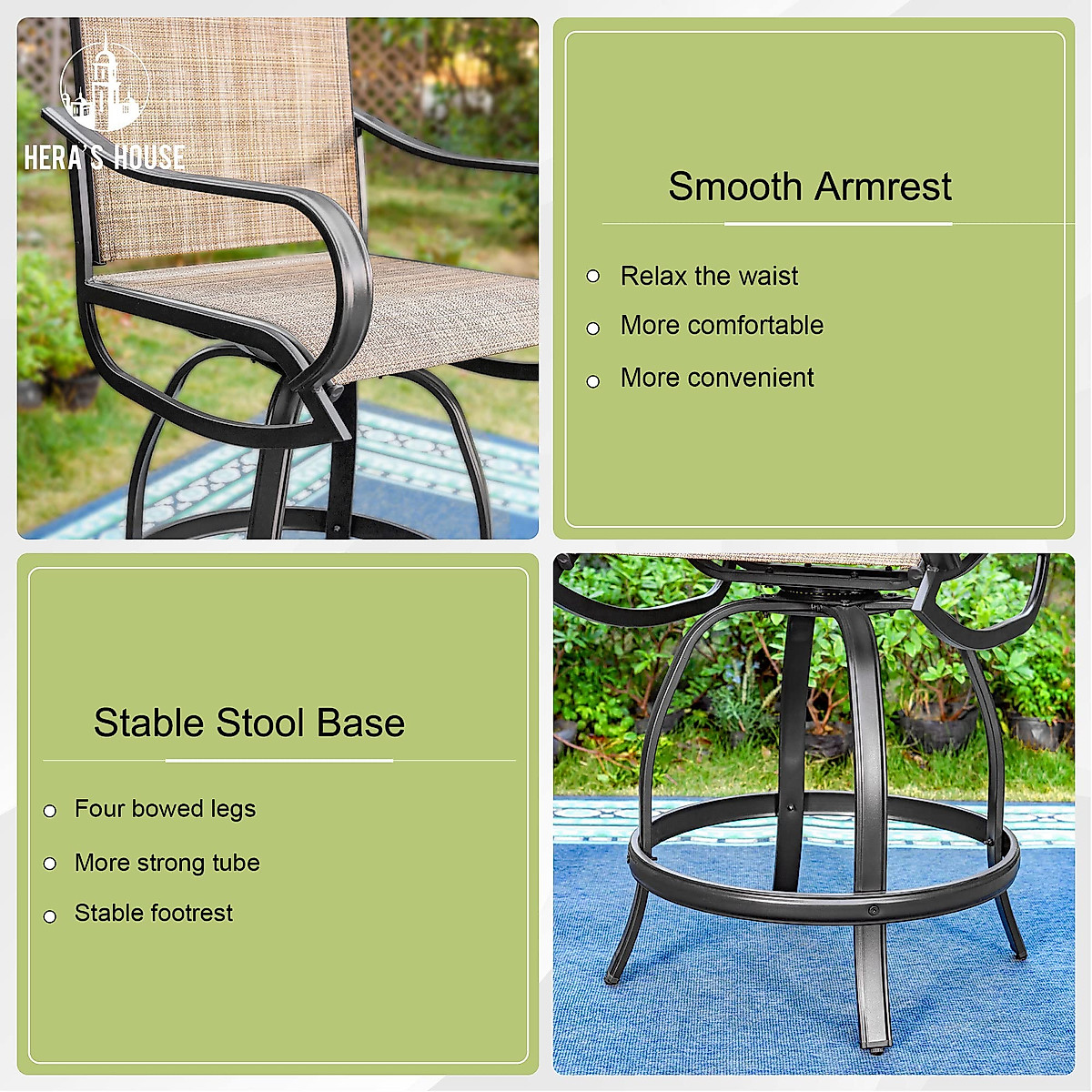 HERA'S HOUSE Outdoor Swivel Bar Stools, Counter Bar Height Patio Bar Stool Chairs with Solid Back & Armrest, All Weather Textilene Sling Fabric Chair for Deck Lawn Garden