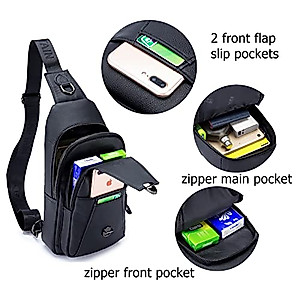 BULLCAPTAIN Genuine Leather Men Sling Crossbody Bag Backpack Outdoor Hiking Travel Chest Bag Daypack (Black)