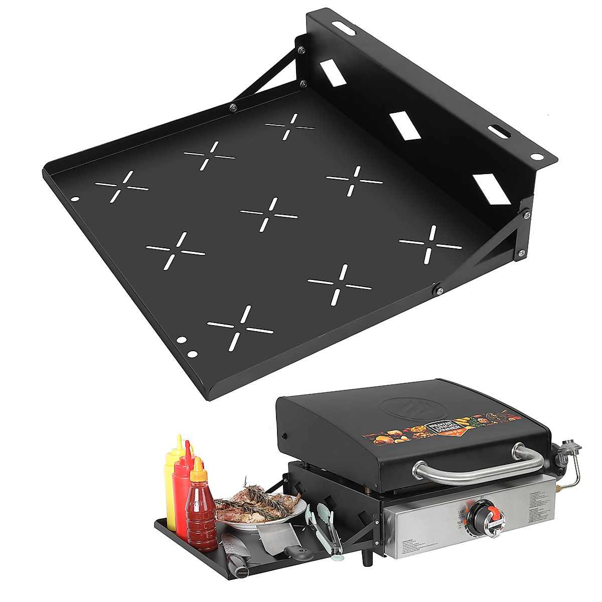 AdokeiTa Griddle Caddy for Blackstone 17'/22'/28' Griddle, BBQ Accessories Organizer, Easy Access to Spice Bottles, Black, Stainless Steel, Rectangular